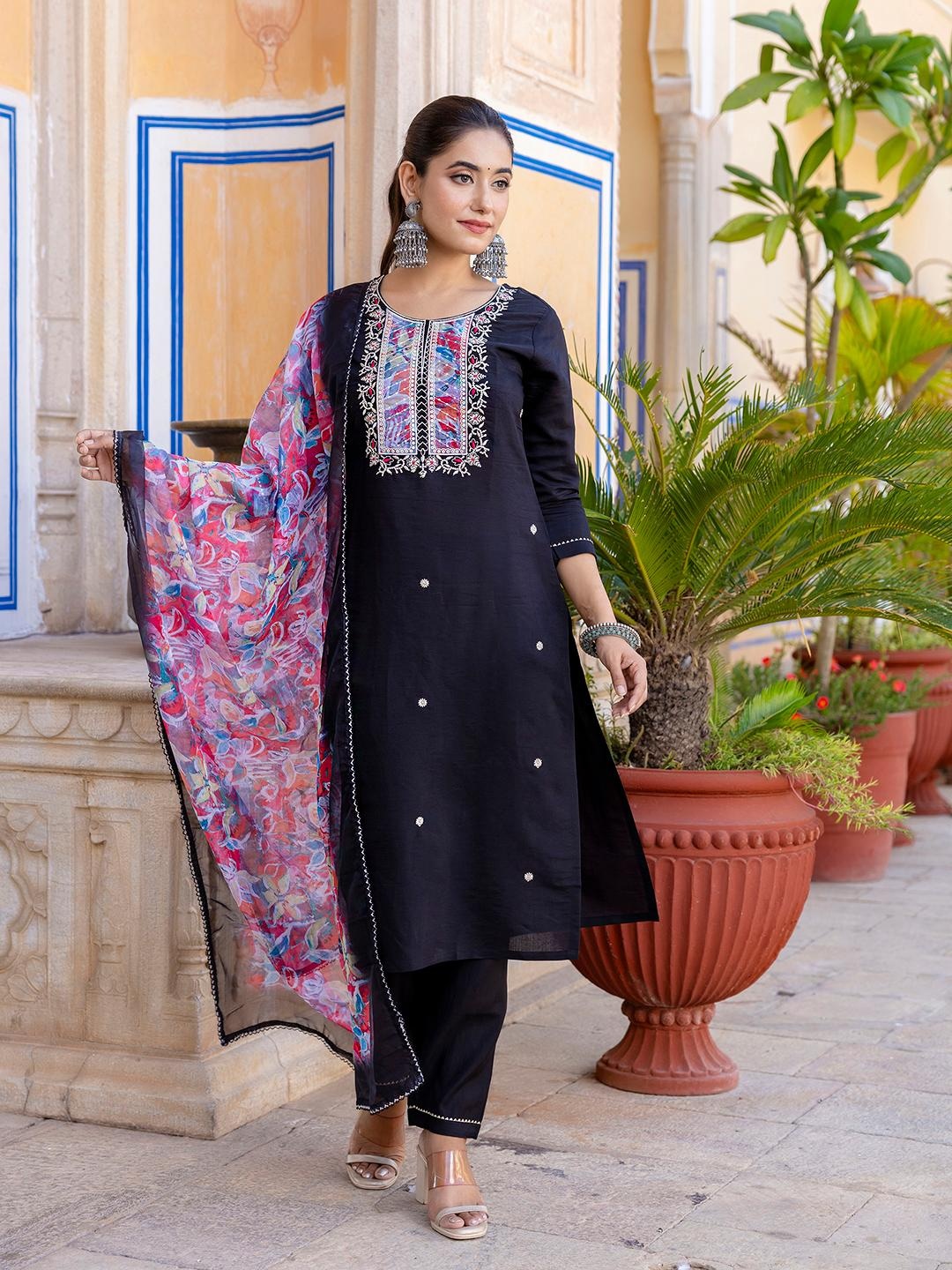 Buy Black Rayon Slub Embroidered Straight Kurta With Rayon Slub Pyjama ...