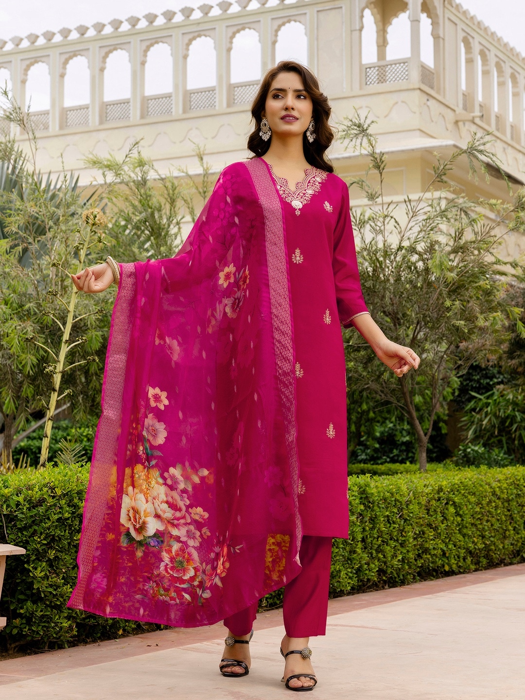 Buy Pink Viscose Embroidered Straight Kurta With Viscose Pant And ...
