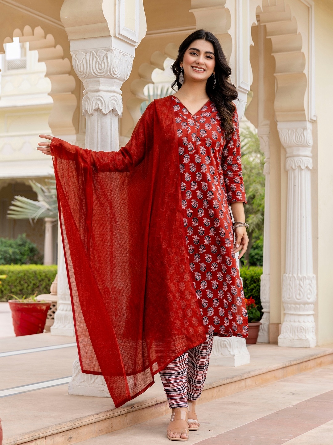 Buy Pure Cotton Printed Straight Kurta With Cotton Pant And Silk Kota ...