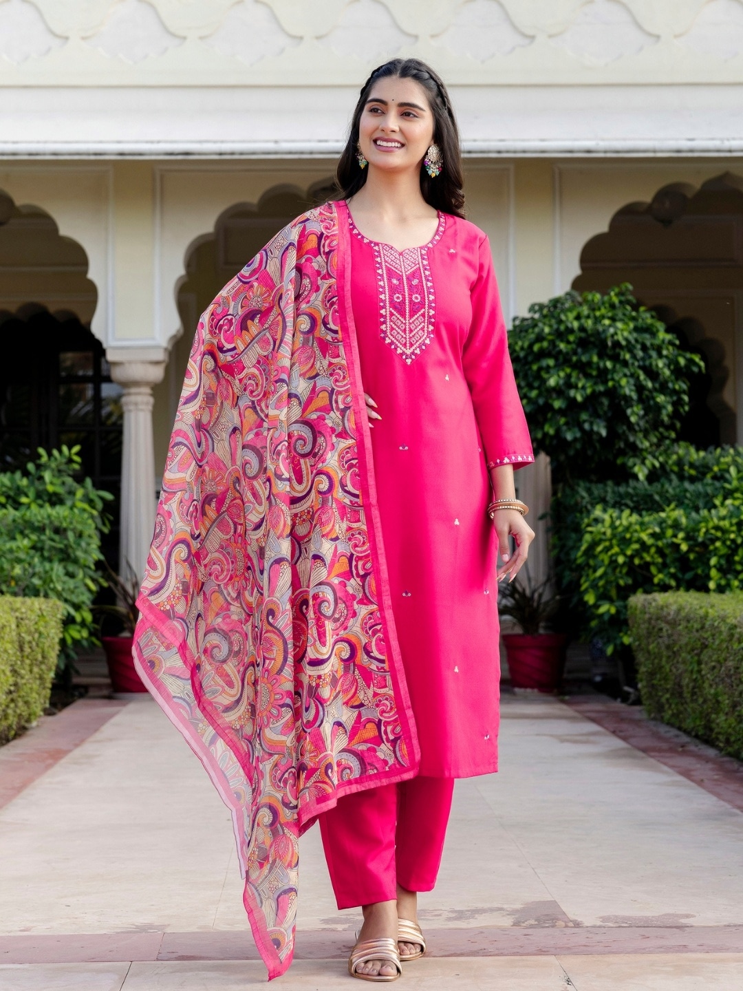 Buy Pink Rayon Embroidered Straight Kurta With Rayon Pant And Linen ...