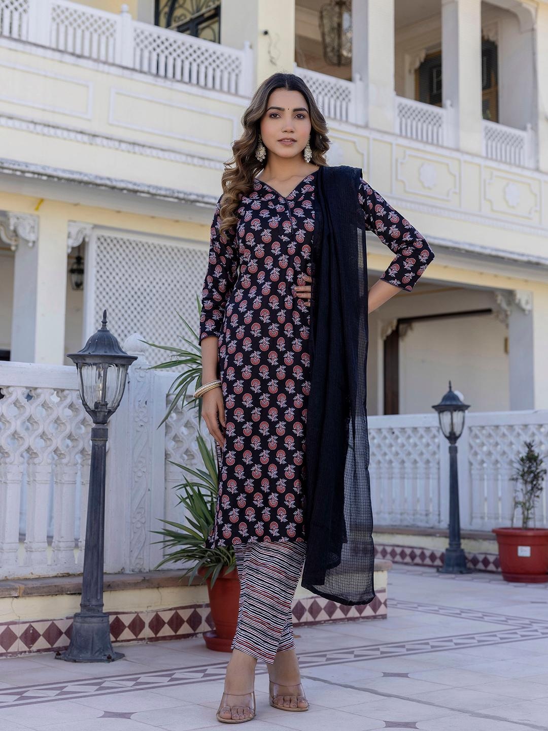 Buy Pure Cotton Printed Straight Kurta With Cotton Pant And Silk Kota ...