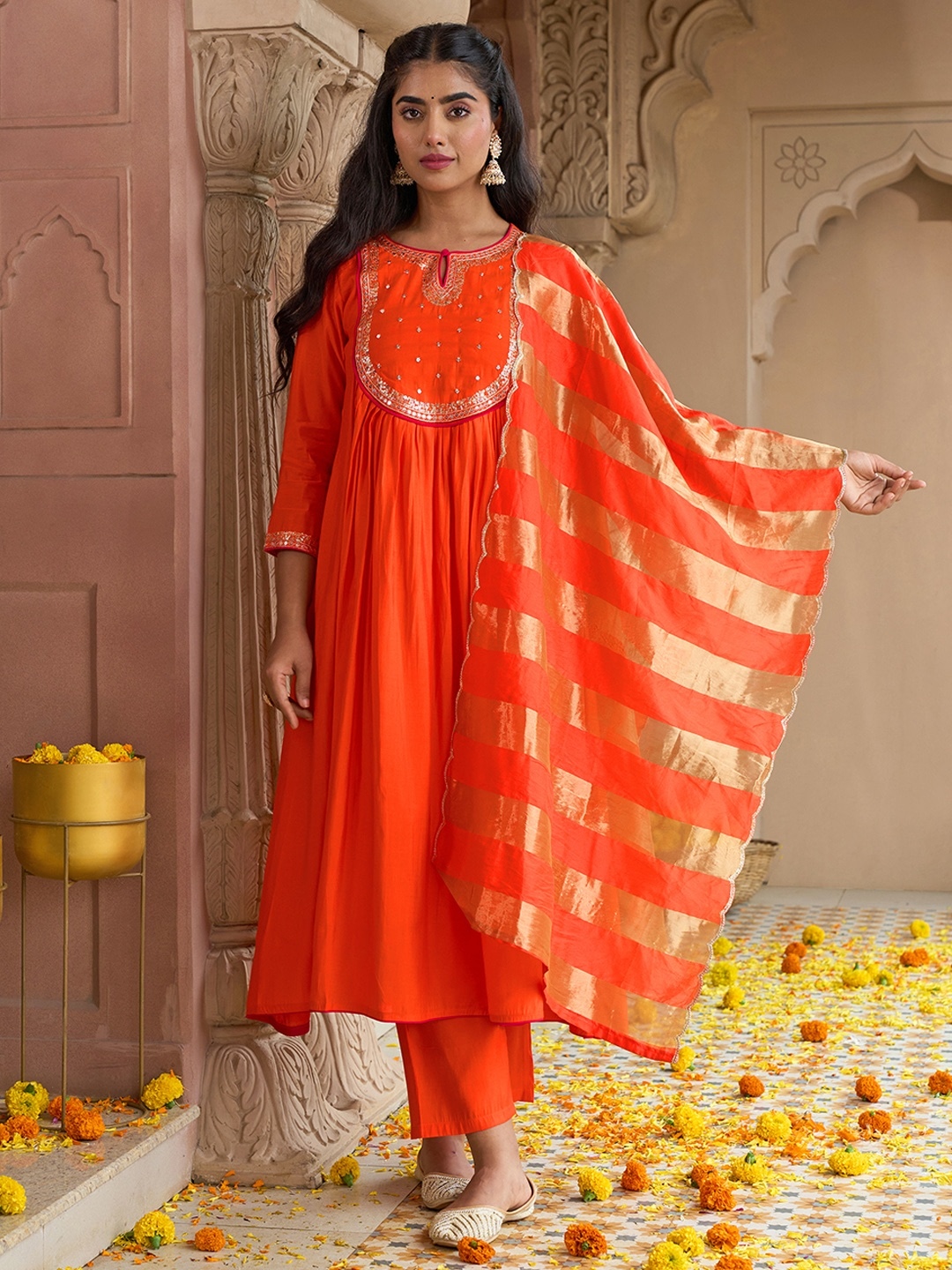 Buy Orange Chanderi Embridered Flared Kurta With Chanderi Pant And ...