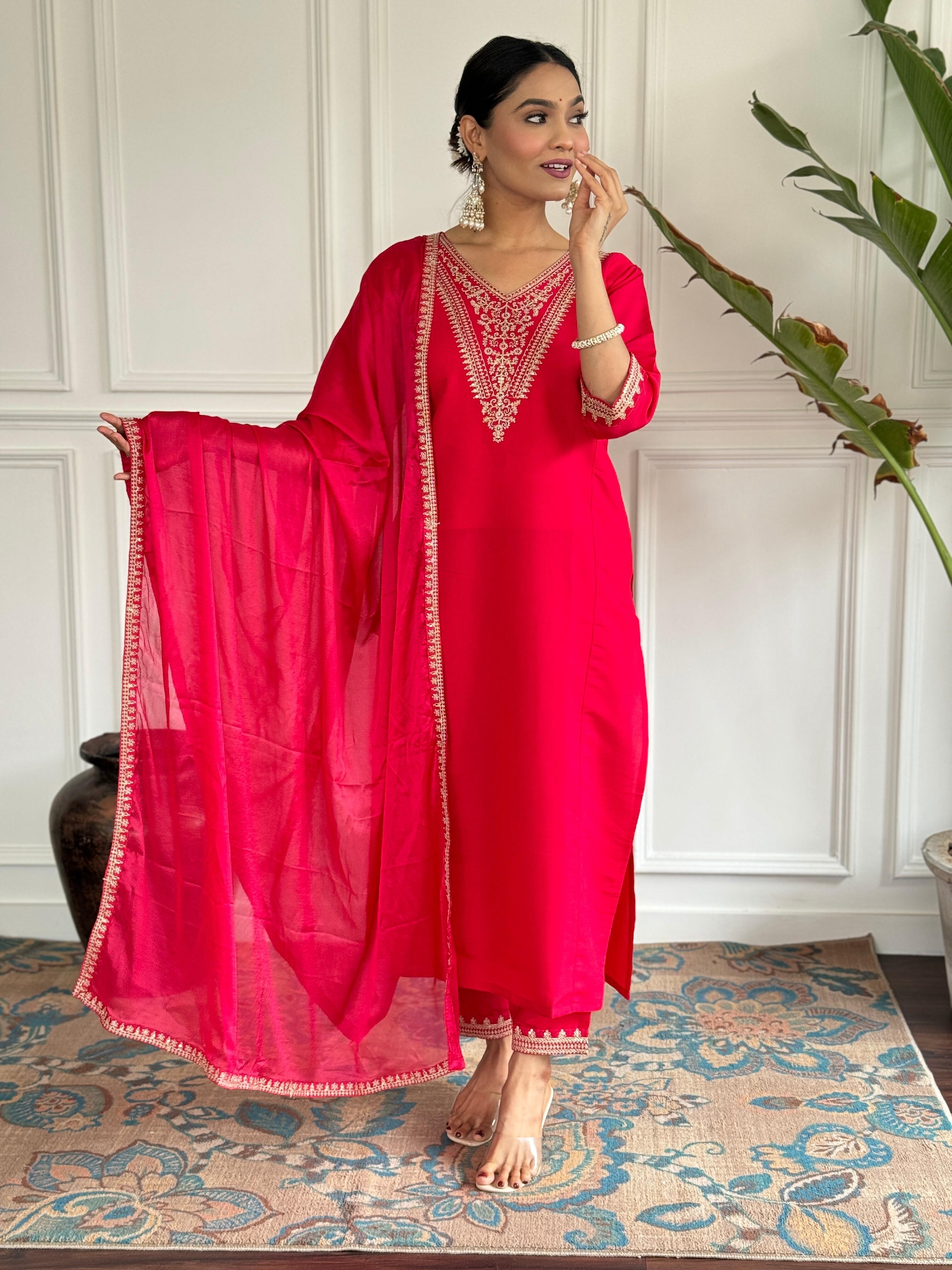 Buy Red Chanderi Viscose Embroidered Kurta With Pant & Chinon Laced ...