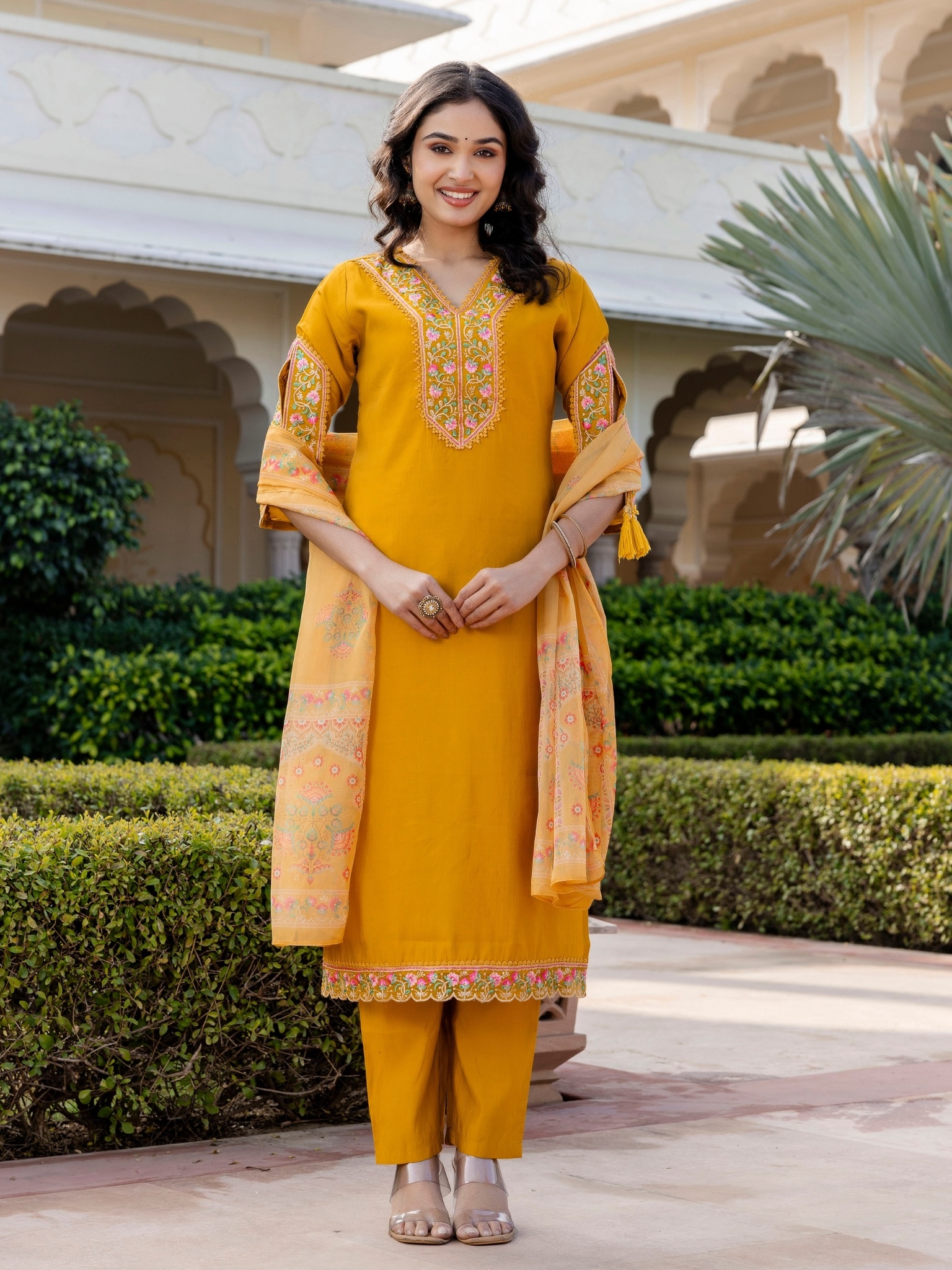 Buy Mustard Viscose Embroidered Straight Kurta With Viscose Pant And ...