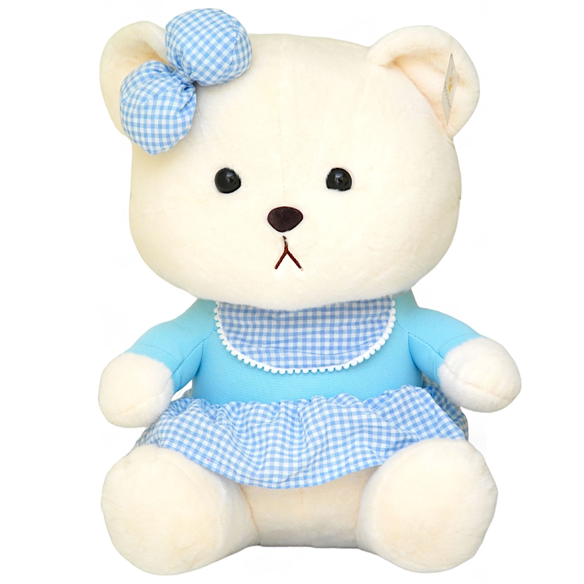 Buy White Teddy Doll with Blue Checks Frock, Bow, & Neck Tie, Featuring ...