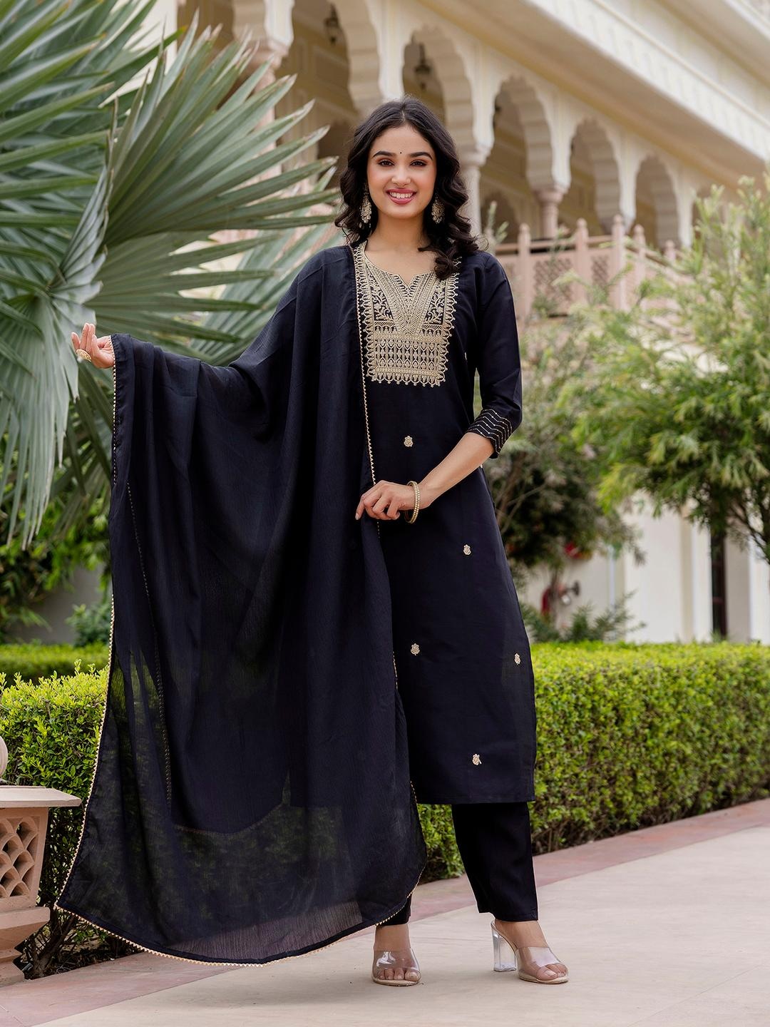 Buy Rayon Slub Embroidered Straight Kurta With Rayon Slub Pant And ...