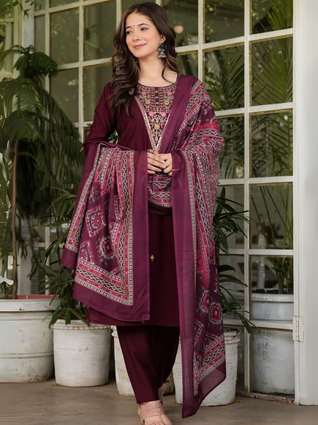 Buy Rayon Slub Embroidered Straight Kurta With Rayon Slub Pant And ...