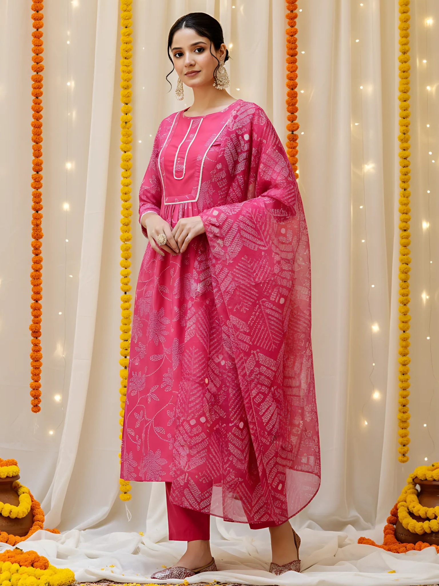 Buy Pink Rayon Printed Flared Kurta With Rayon Pant And Cotton Silk ...