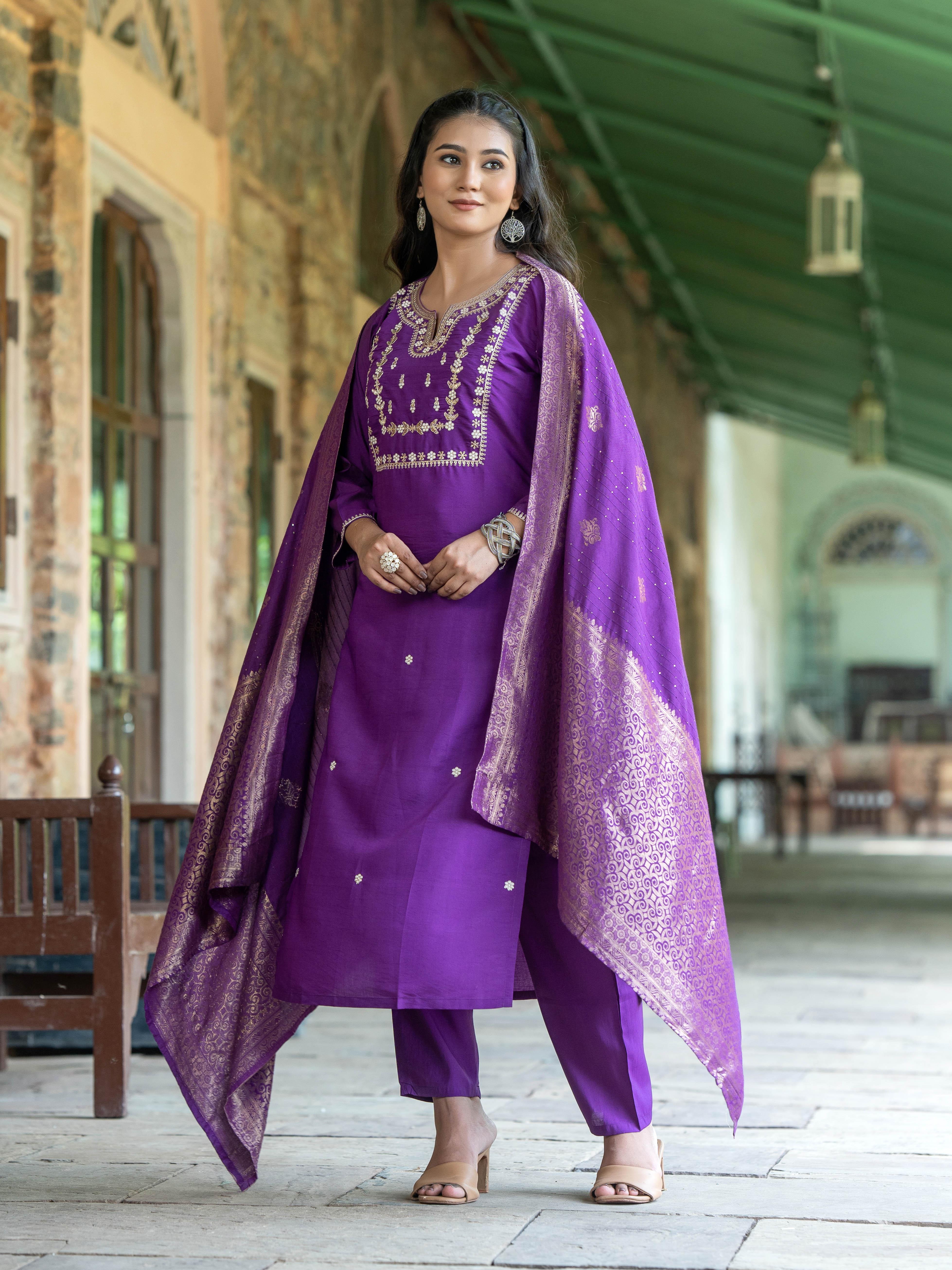 Buy Wine Viscose Embroidered Straight Kurta With Chanderi Viscose Pant And Chanderi Silk Dupatta ...