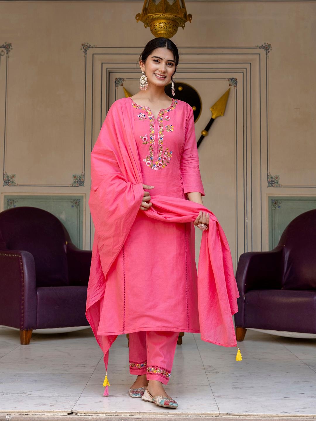 Buy Pink Viscose Cotton Embroidered Straight Kurta With Pant and Dupatta Set (NK-591-Pink) | NAVLIK