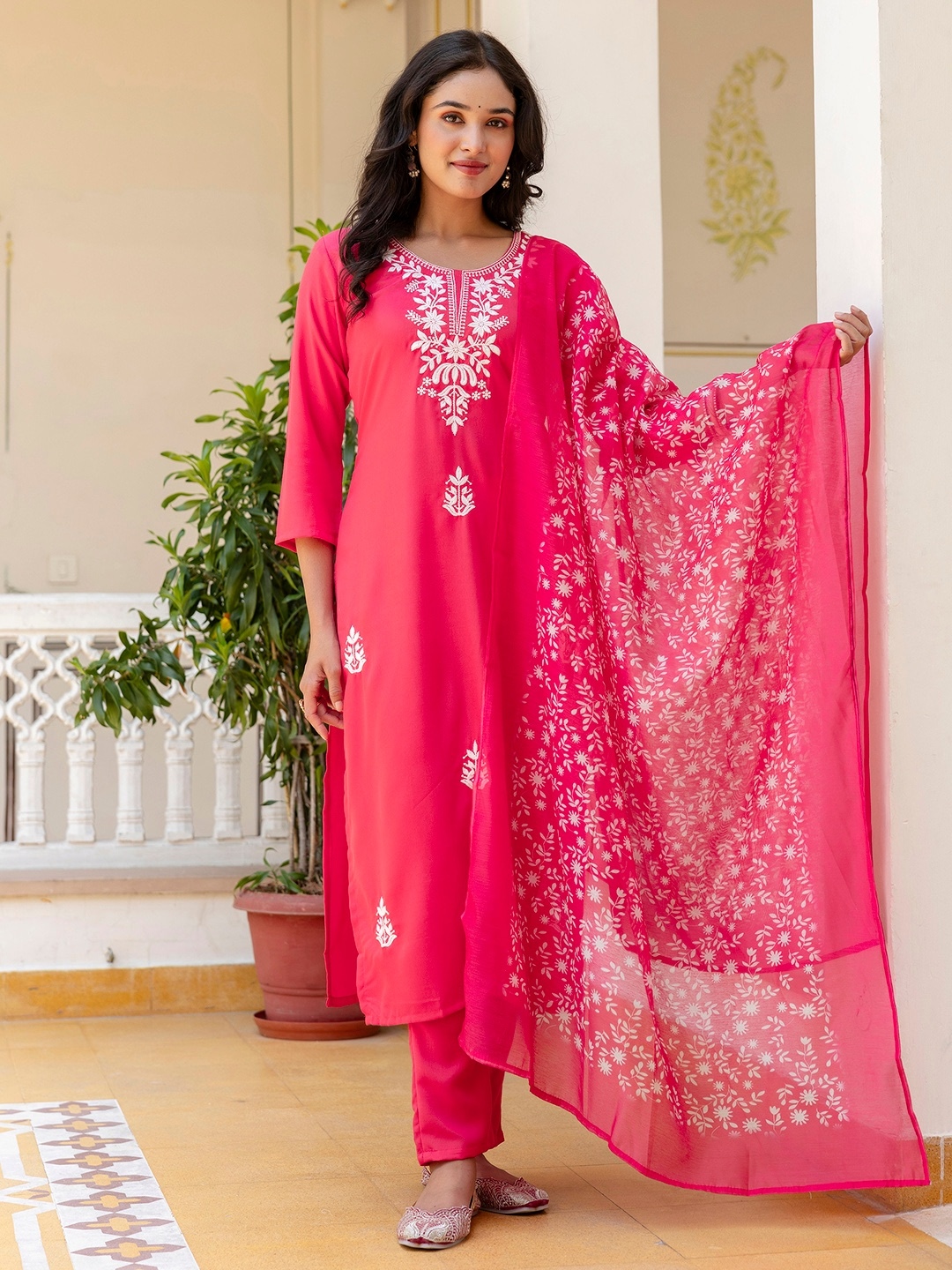 Buy Pink Rayon Embroidered Lakhnavi Work Straight Kurta With Rayon Pant ...