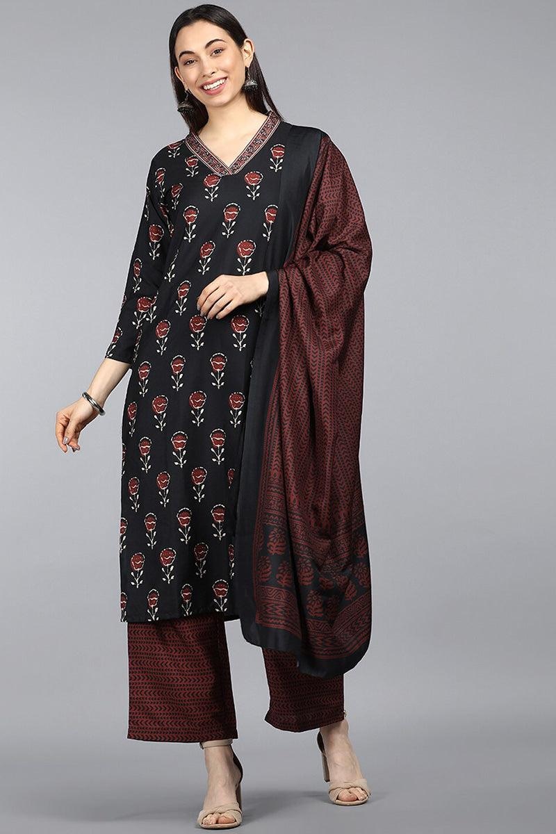 Buy Black Polyester Ethnic Motifs Straight Suit Set PKSKD1035 | Vaamsi
