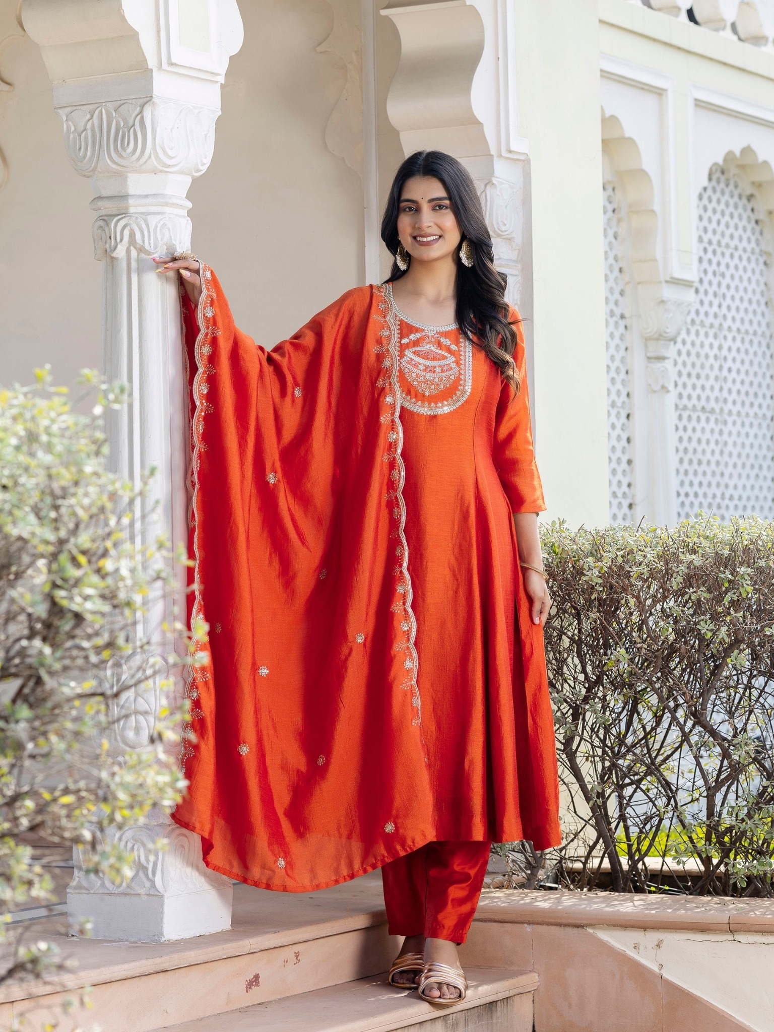Buy Orange Vichitra Silk Embroidered Straight Kurta With Rayon Pant And ...