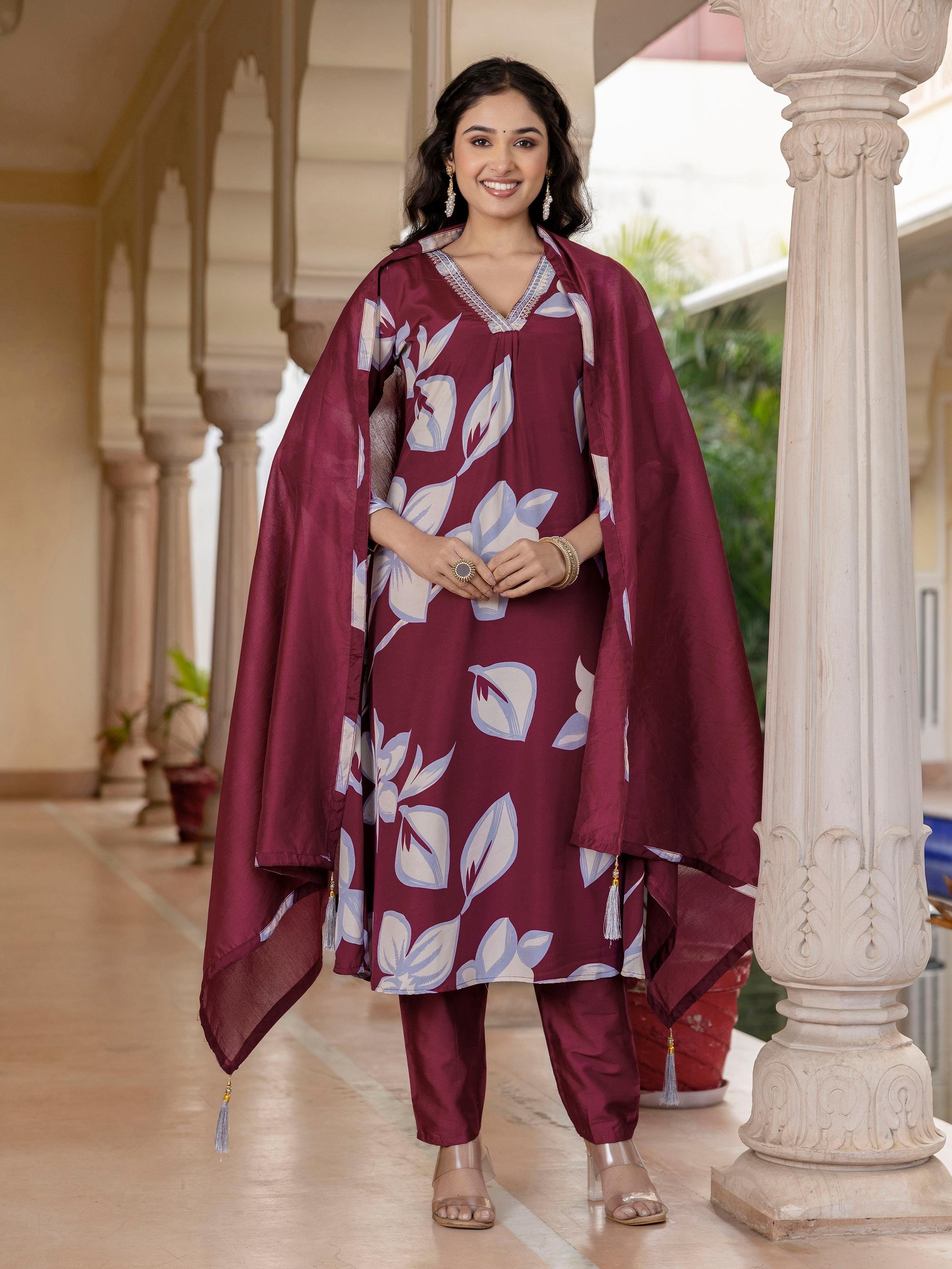 Buy Maroon French Crepe Printed Flared Kurta With Chanderi Pant And ...
