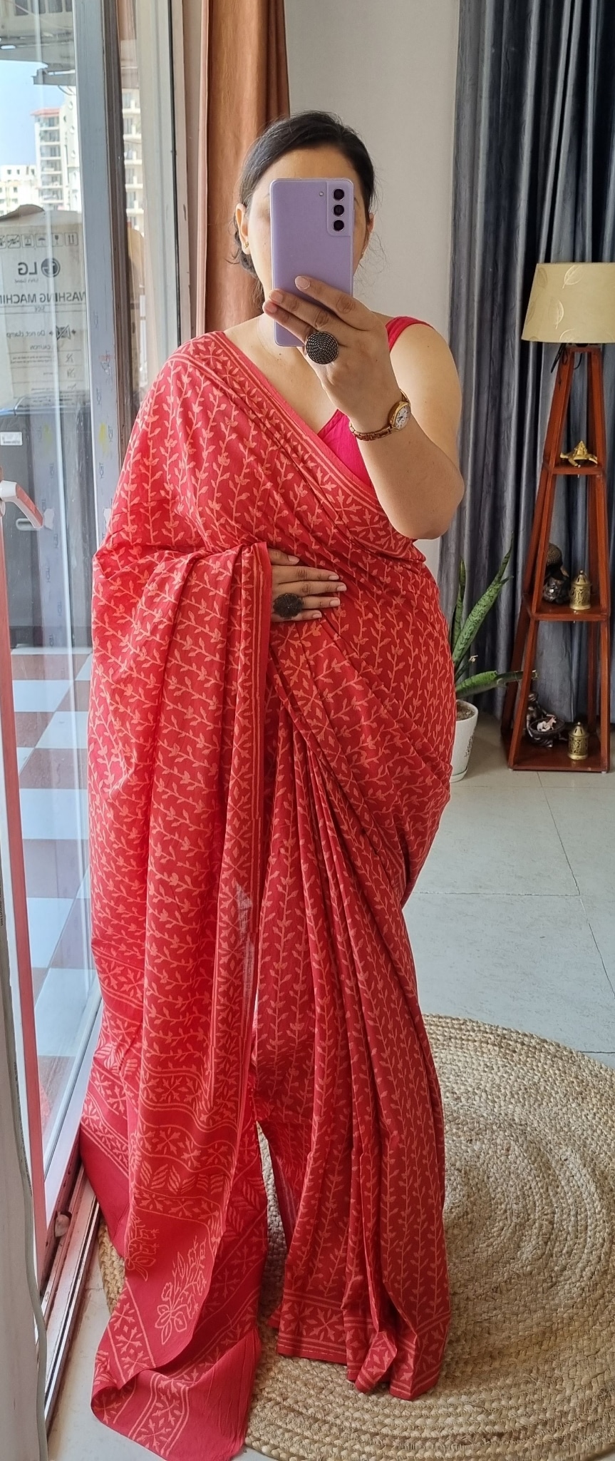 Buy Rust Red Handblock Mul Cotton Saree | GOLDENDORI HANDLOOM