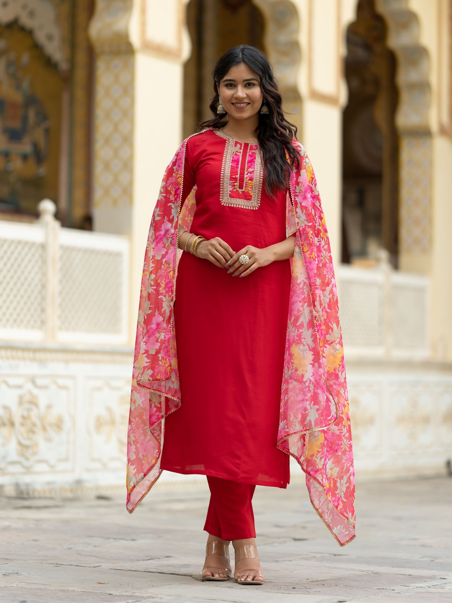 Buy Red Rayon Embroidered Straight Kurta With Rayon Pant And Organza ...