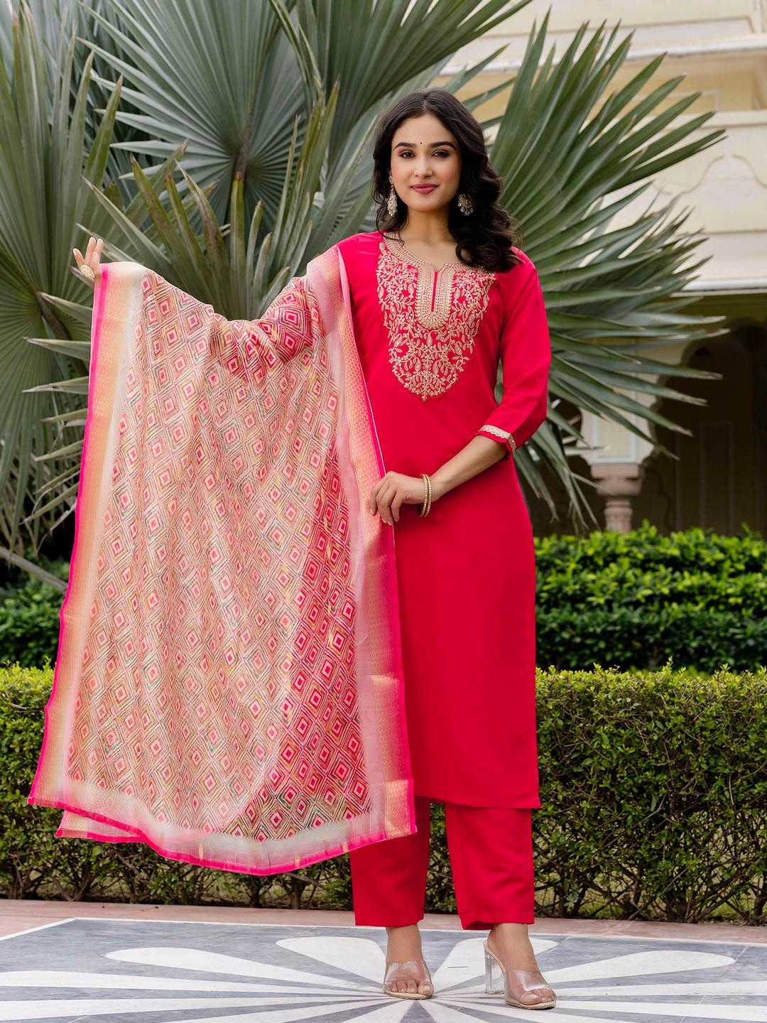 Buy Red Rayon Slub Embroidered Straight Kurta With Rayon Slub Pant And ...
