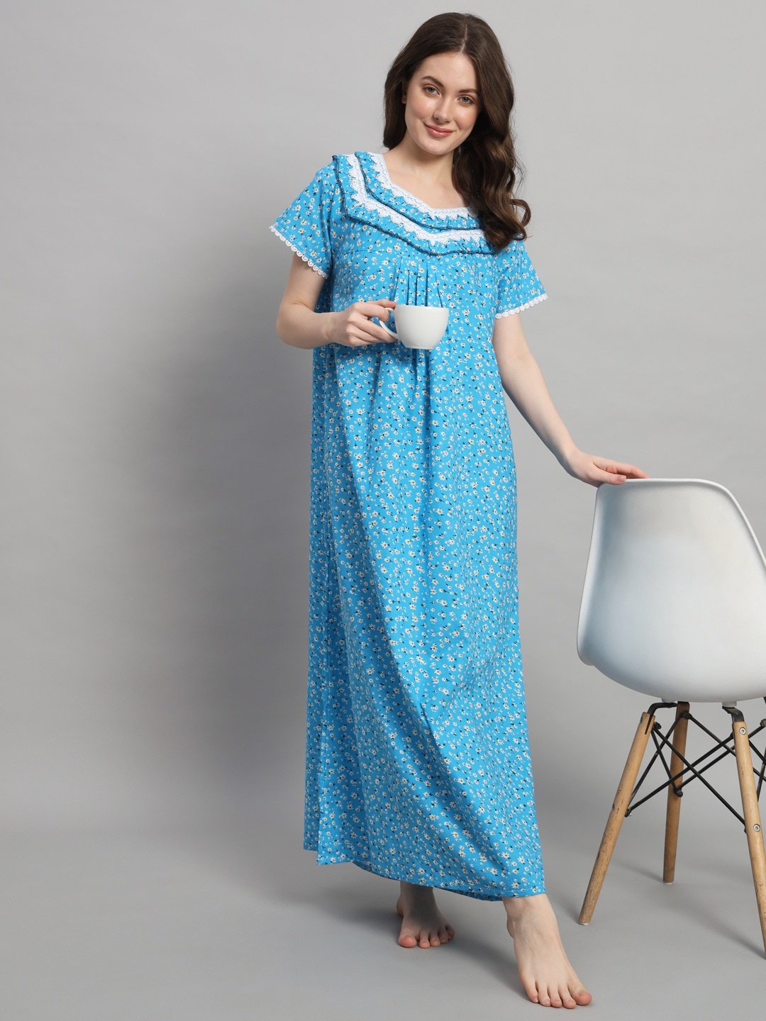 Buy Floral Print Cotton Nightgown with Lace Trim – Blue | Sephani