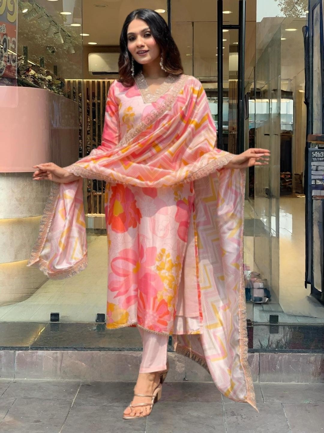 Buy Orange Viscose Muslin Printed Kurta With Rayon Pant & Organza ...