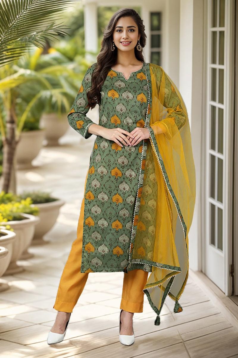 Buy Green Rayon Blend Ethnic Motif Printed Straight Suit Set | Vaamsi
