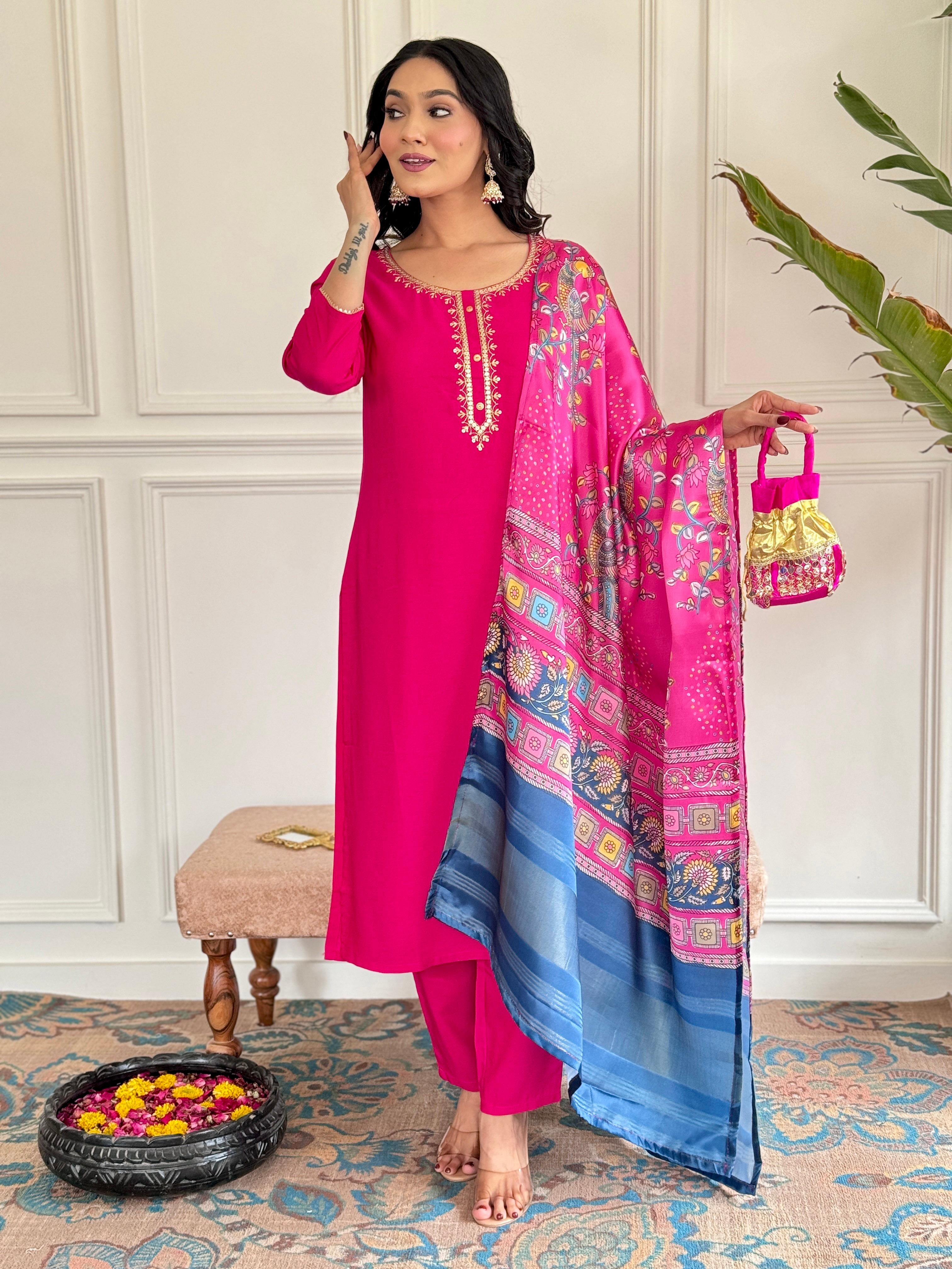 Buy Pink Viscose Embroidered Straight Kurta With Viscose Pant ...