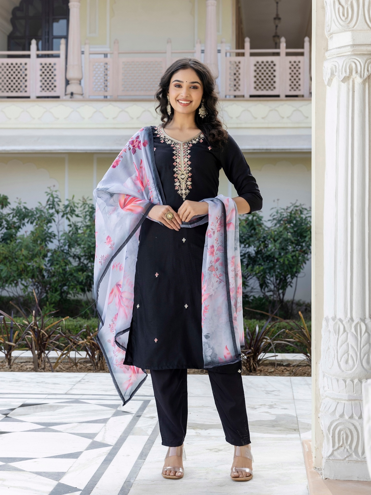 Buy Black Rayon Embroidered Straight Kurta With Rayon Pant & Cotton ...