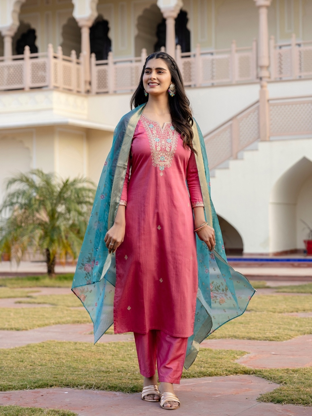 Buy Pink Viscose Embroidered Straight Kurta With Viscoe Silk Pant ...